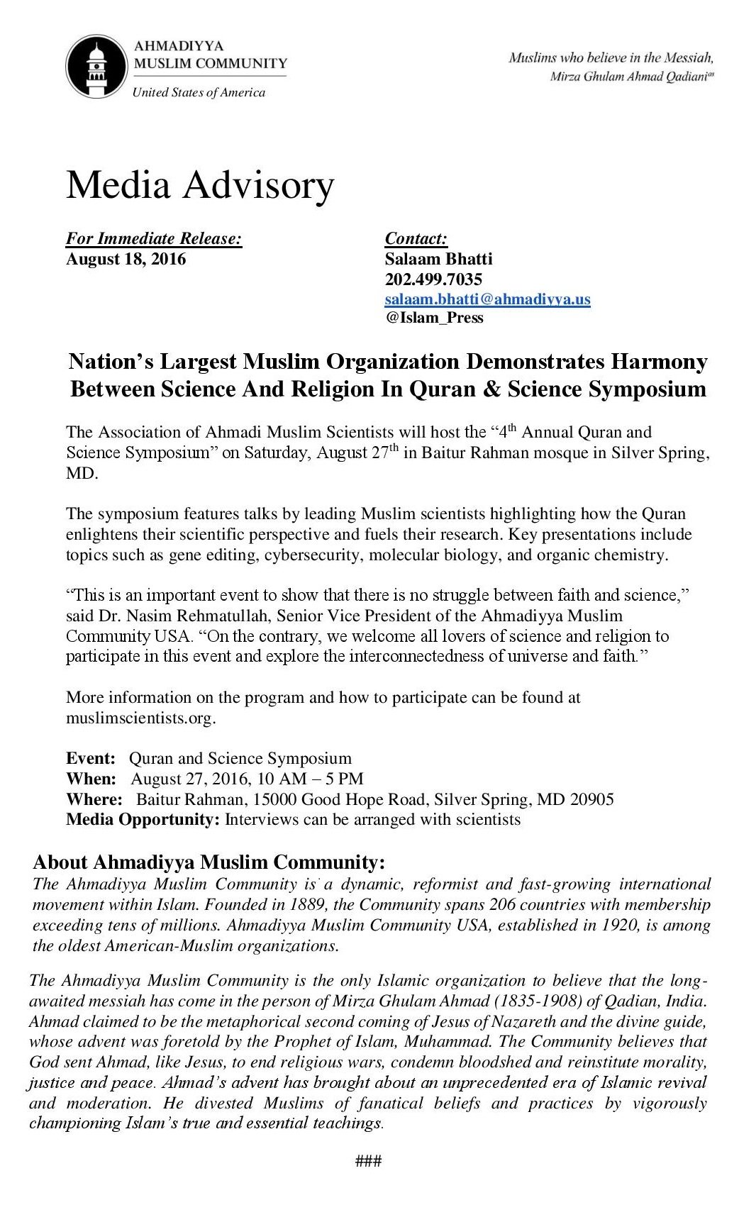 USA: Ahmadiyya Muslim Organization Demonstrates Harmony Between Science ...